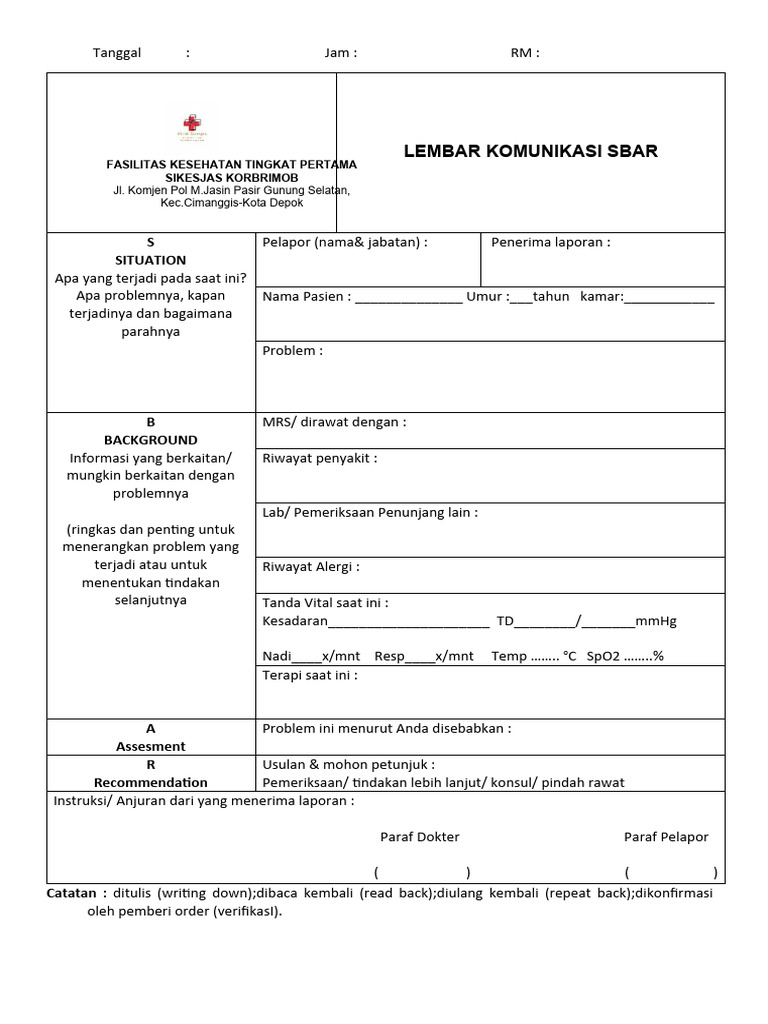 Lembar Komunikasi SBAR untuk Medis | PDF | Sains & Matematika