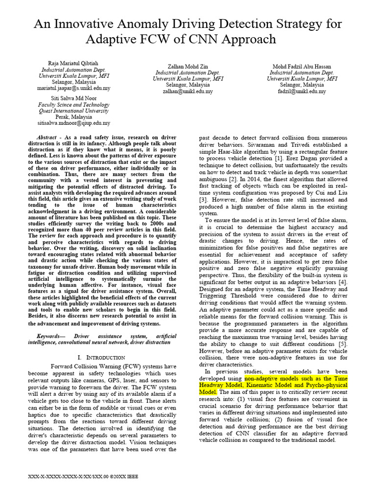 An Innovative Anomaly Driving Detection Strategy For Adaptive FCW of CNN Approach | PDF ...