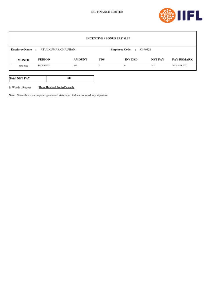 Incentive Bonus Pay Slip Format | PDF