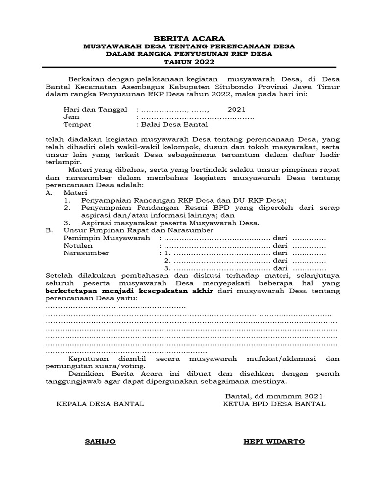 24 Format Berita Acara, Notulensi Dan Daftar Hadir Musdes Pembahasan, Penetapan Dan Pengesahan ...