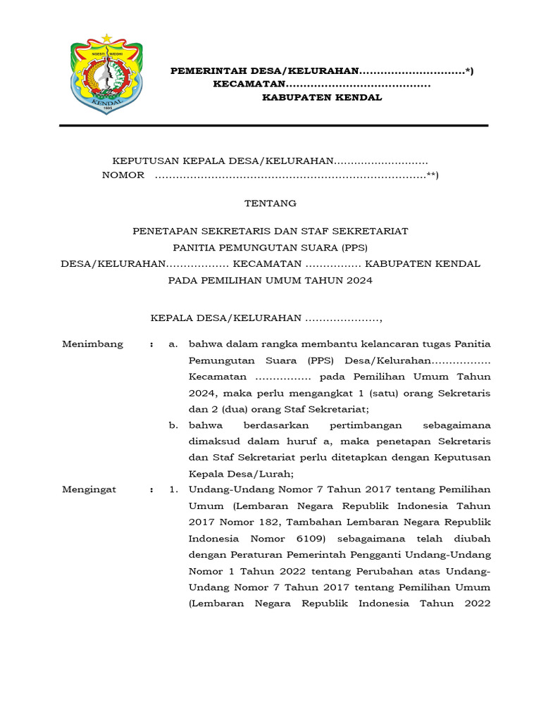 Format DRAFT SK KADES-LURAH Pengangkatan Sekretariat PPS Pemilu 2024 | PDF