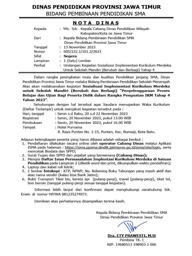 Nota Dinas Undangan Sosialisasi Kurikulum Merdeka Tahap 4 | PDF