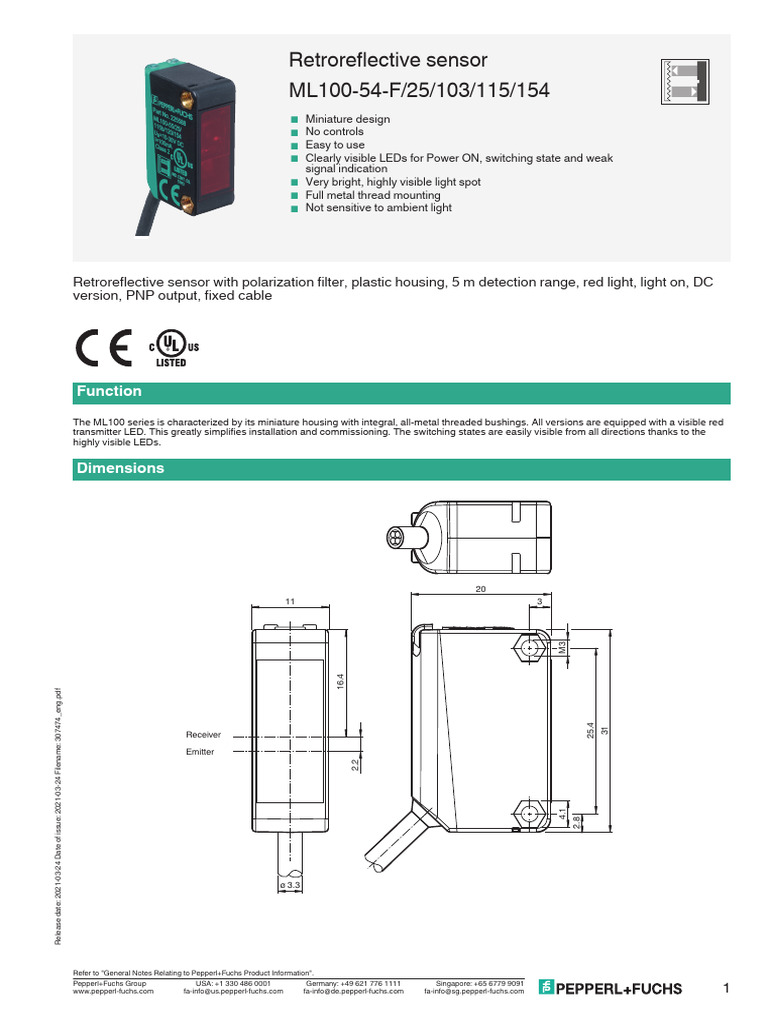 Photo Sensor-Ml100-54-F - 25 - 103 - 115 - 154 | PDF