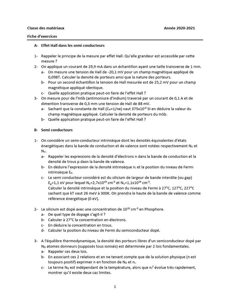 Exercices sur l'effet Hall et semi-conducteurs | PDF | Dopage (semi-conducteur) | Semi-conducteurs