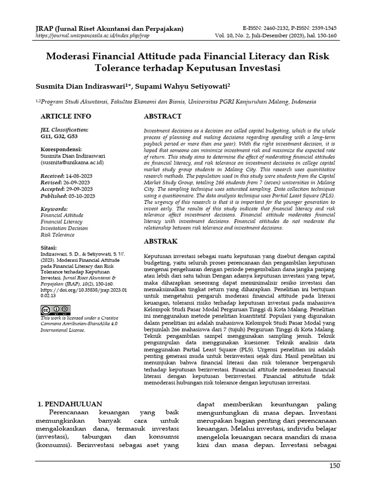 Indiraswari, Setiyowati - 2023 - Moderasi Financial Attitude Pada Financial Literacy Dan Risk ...