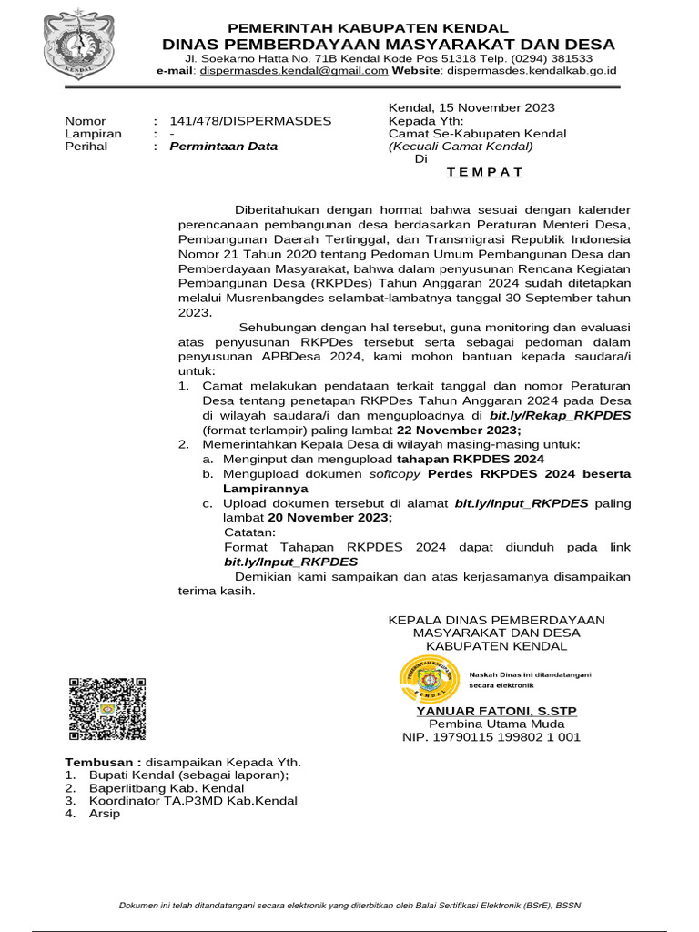 Surat Permintaan Data Rkpdes 2024 | PDF