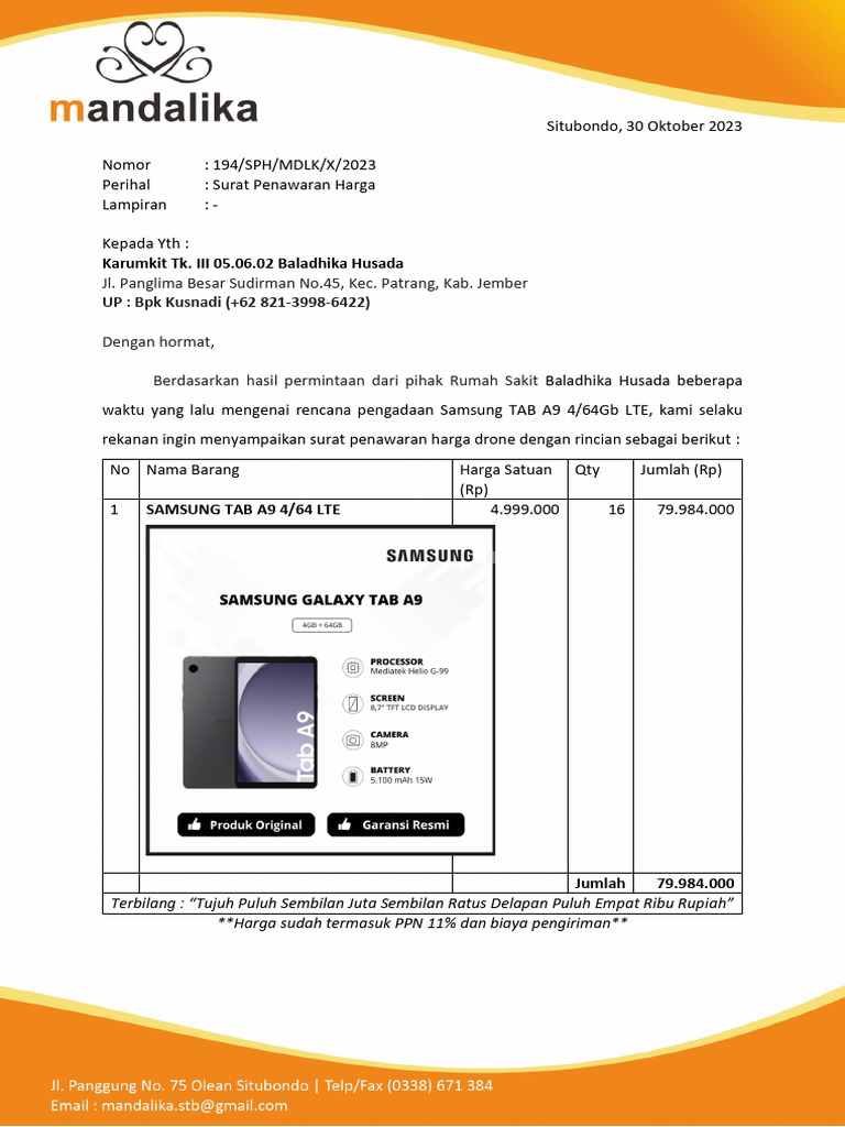Surat Penawaran Samsung TAB A9 4 64 | PDF