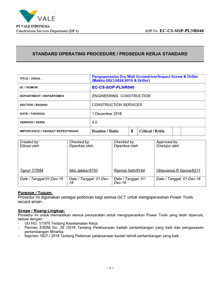 SOP - Screw Driver Impact Ok | PDF