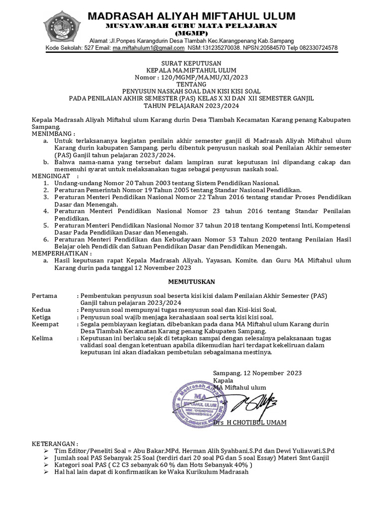 SK Pembuatan Soal PAS 2023 | PDF