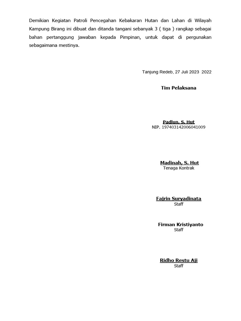Laporan Patroli Kebakaran Hutan | PDF