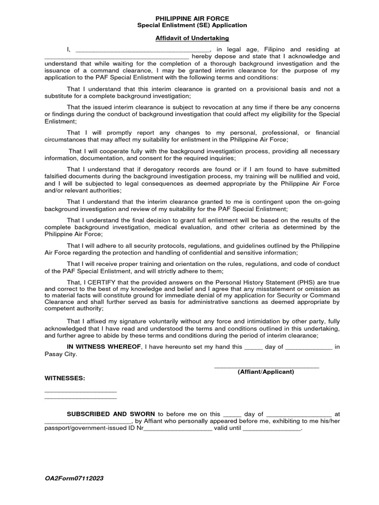 Philippine Air Force Special Enlistment Affidavit | PDF | Background Check | Common Law