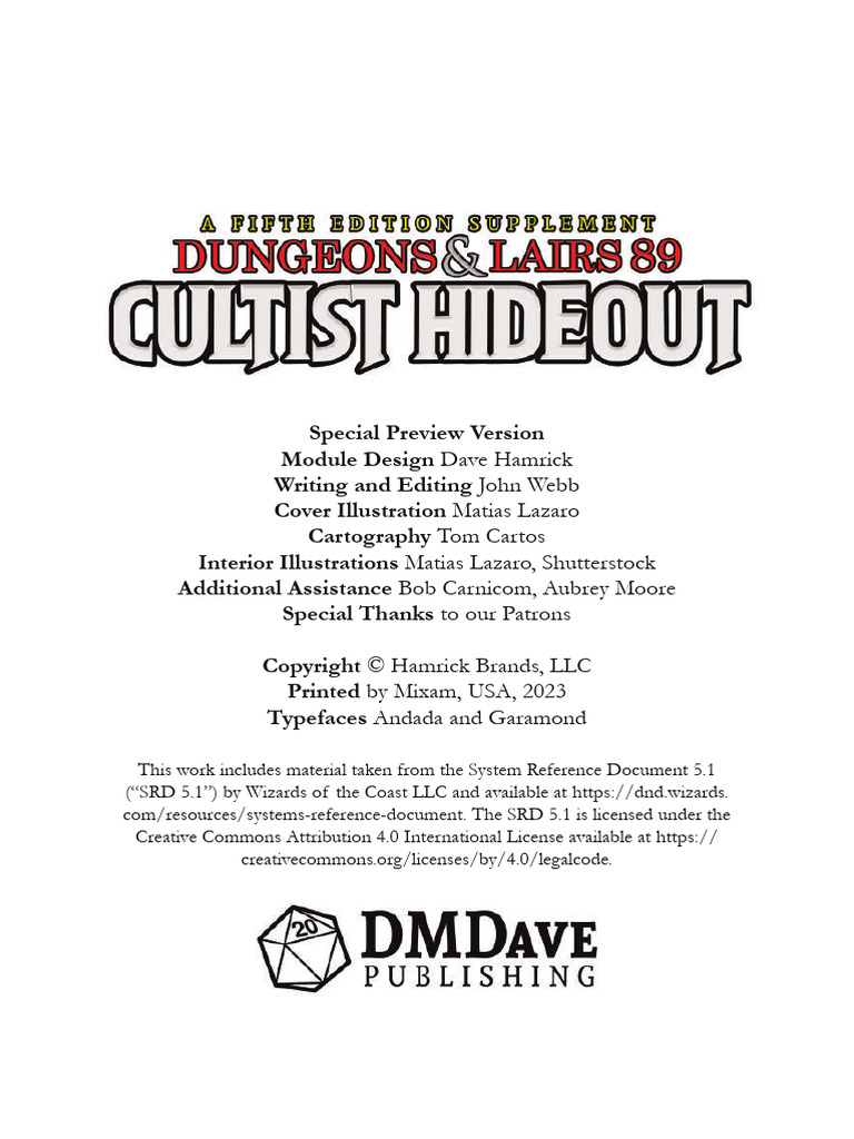 DMDave and JKW - Dungeons & Lairs 89 - Cultist Hideout - Preview | PDF | Demons