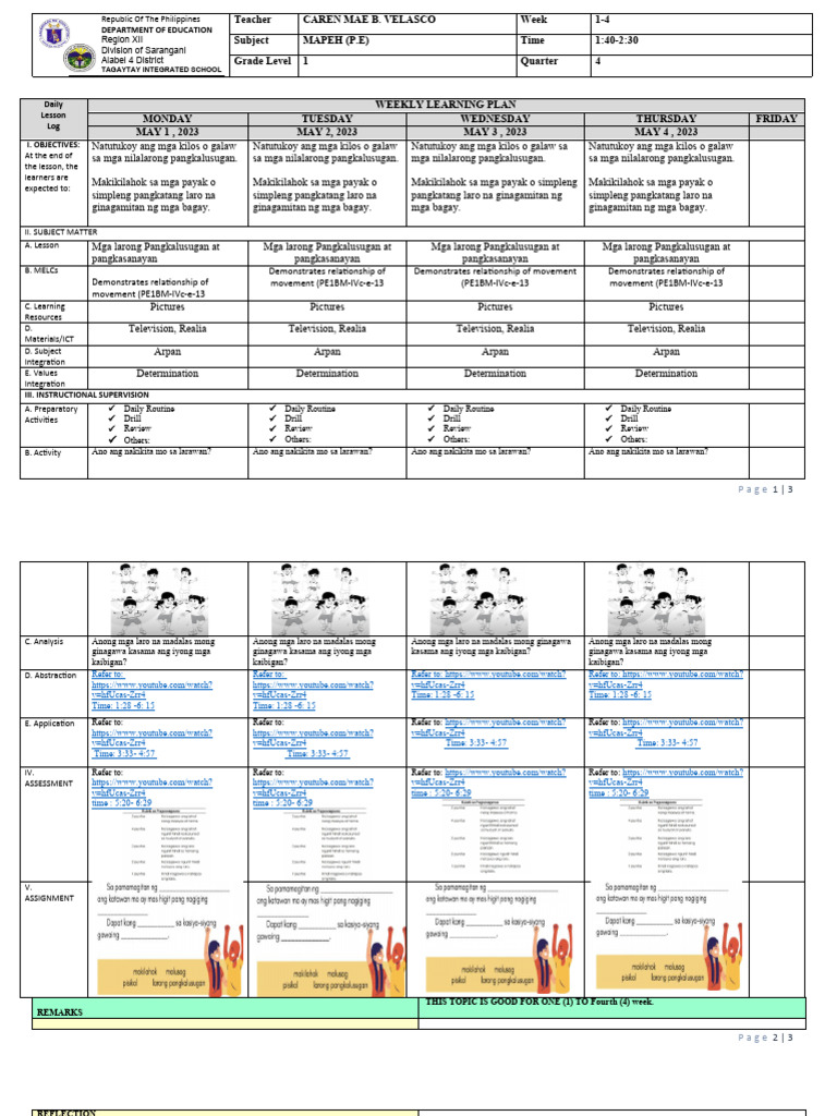 Mapeh 1 q4 Week 1-4 P.E | PDF