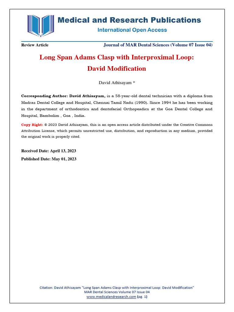 Long Span Adams Clasp With Interproximal Loop: David's Modification ...
