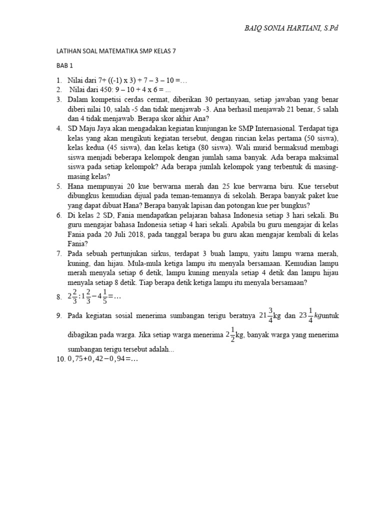 Soal Matematika Kelas 7 | PDF