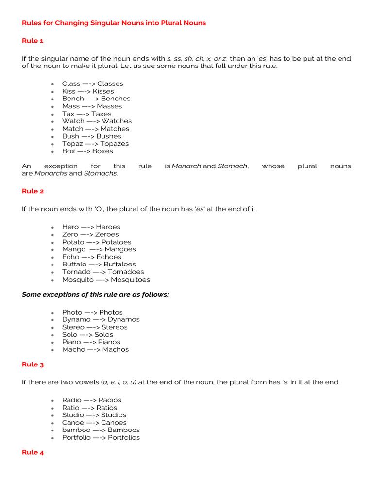 Rules For Changing Singular Nouns Into Plural Nouns | PDF | Plural | Grammatical Number