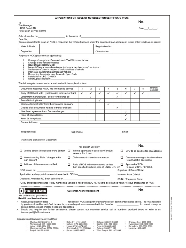 Application For Issue Of No Objection Certificate Noc For Branch