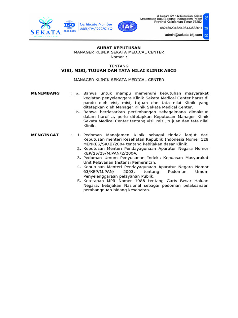 1.3.6.1 SK Manager Klinik Tentang Visi Misi Tujuan Dan Tata Nilai Puskesmas | PDF