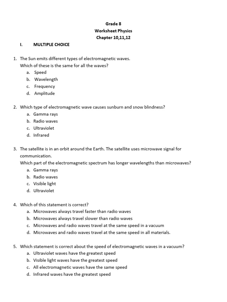 Grade 8 Physics Wave Worksheet | PDF | Waves | Electromagnetic Radiation
