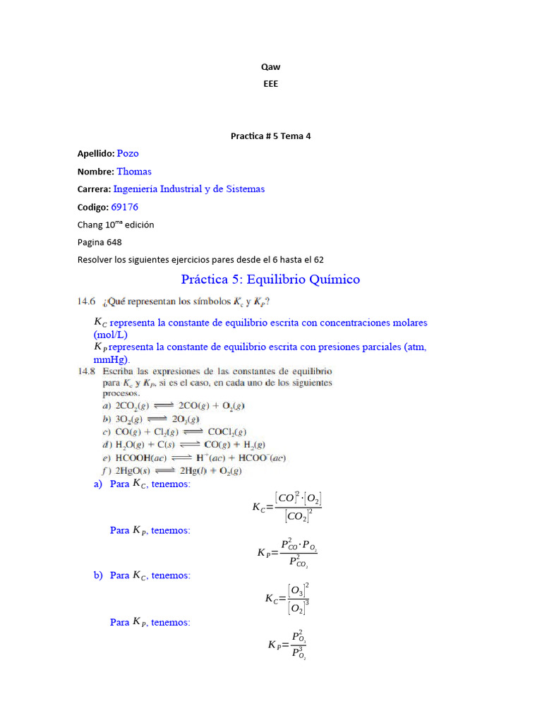Práctica 5 Equilibrio Químico | PDF | Equilibrio químico | Amoníaco