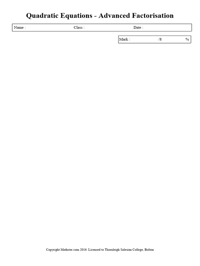 Quadratic Equations - Advanced Factorisation - 3 | PDF Quadratic Equations - Advanced Factorisation - 3 | PDF