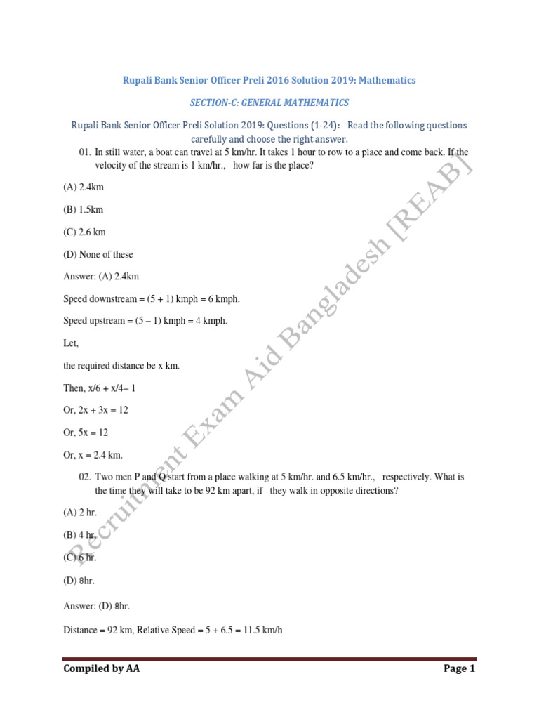 Rupali Bank Senior Officer Math Solutions | PDF | Speed | Metrology