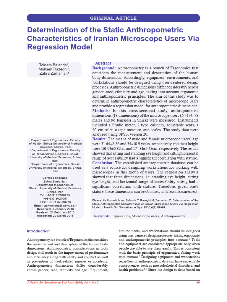 Regression Static Anthropometry Pdf Anthropometry Human Factors And Ergonomics 