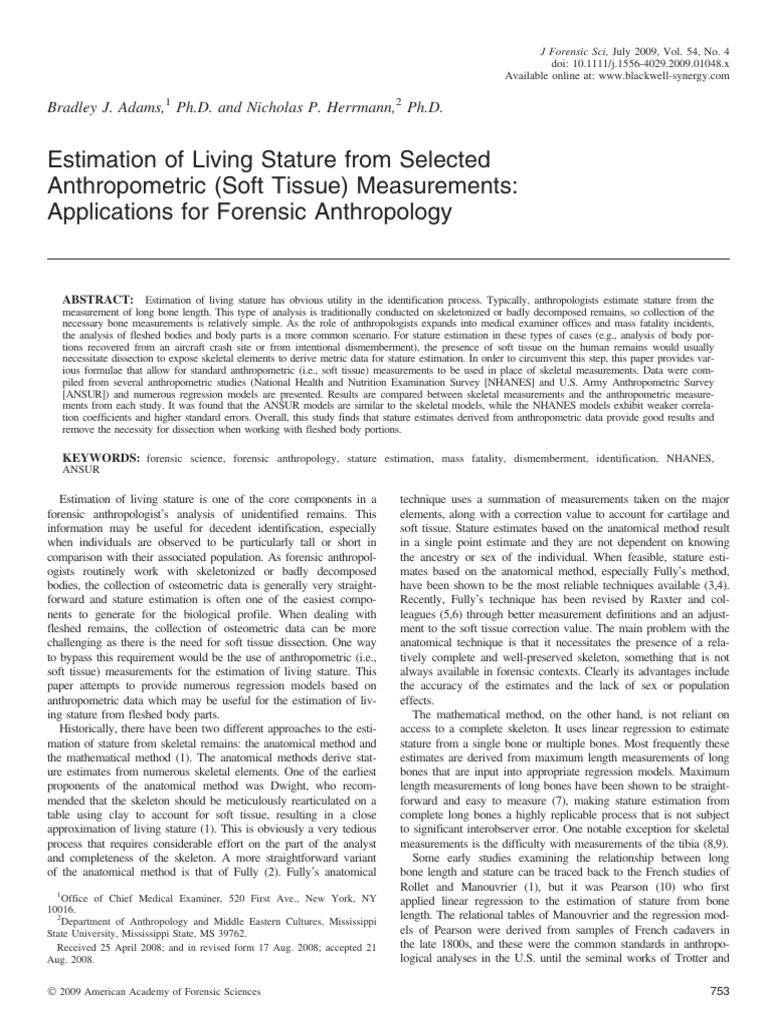Stature From Selected Anthropometry - JFS - Wiley | PDF | Anthropometry | Regression Analysis