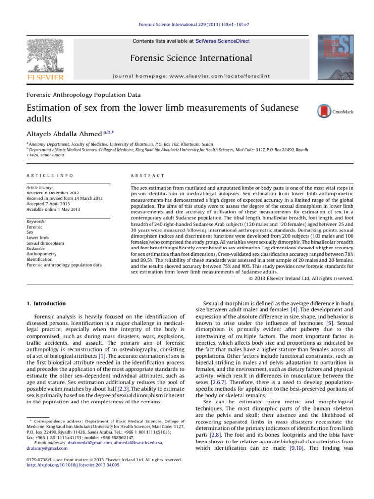 Sex Estimation From Lower Limb Measurement Pdf Foot Accuracy And