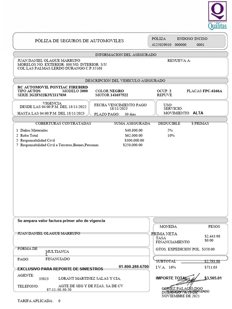 Póliza de Seguros de Automoviles Firebir | PDF | Póliza de seguros | Seguro
