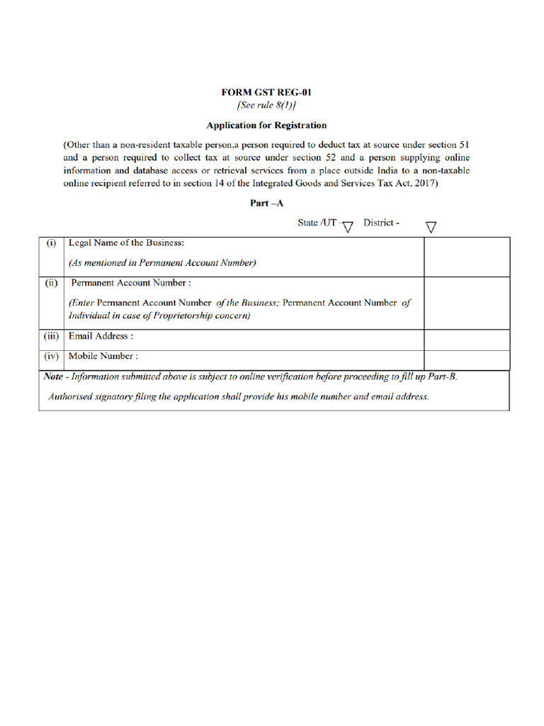 Part A of FORM GST REG-01 - CGST Rules 2017 | PDF