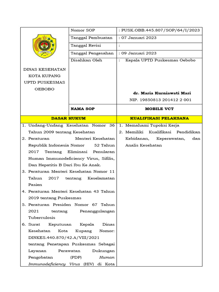 SOP Mobile VCT HIV Oebobo | PDF