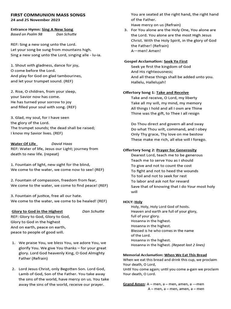 First Communion Mass Songs List | PDF | Glory (Religion) | Lord's Prayer