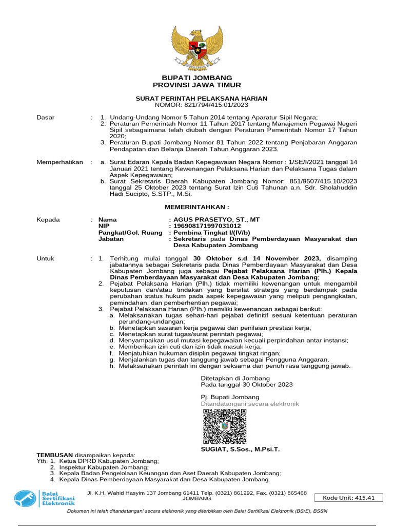Surat Perintah Plh Kepala Dinas Jombang | PDF