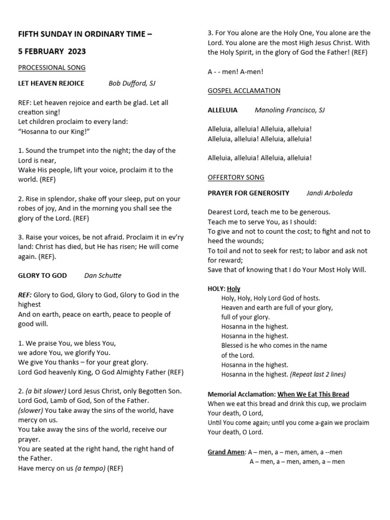 5 February 2023 - Fifth Sunday in Ordinary Time Mass Songs | PDF ...