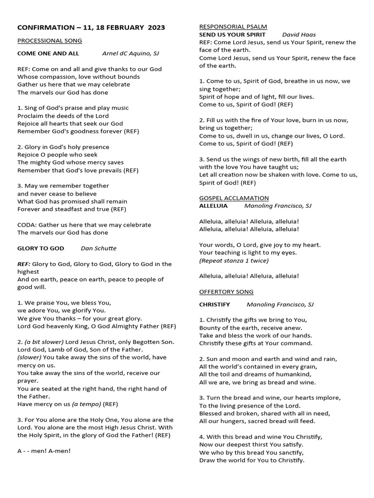 11, 18 February 2023 - CONFIRMATION Mass Songs | PDF | Glory (Religion ...