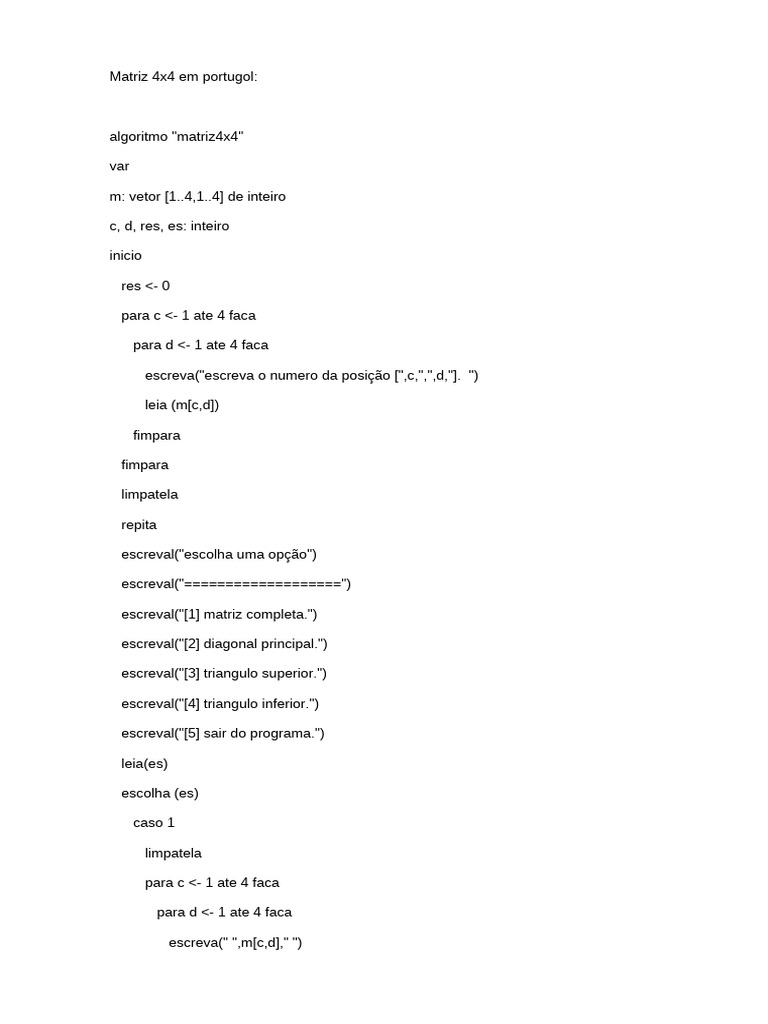 Matriz 4x4 Portugol | PDF