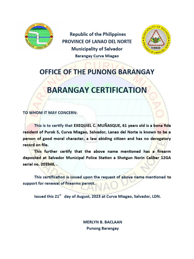 Barangay Certification For Firearms Renewal | PDF
