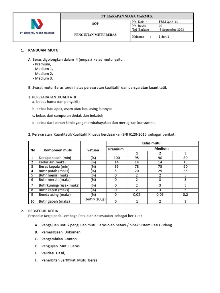 FRM - QAS-13 FACTORY RICE PROCESS SOP Rev.00 | PDF