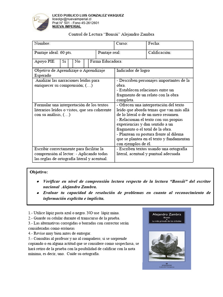 Control de Lectura Bonsai | PDF | Comprensión lectora
