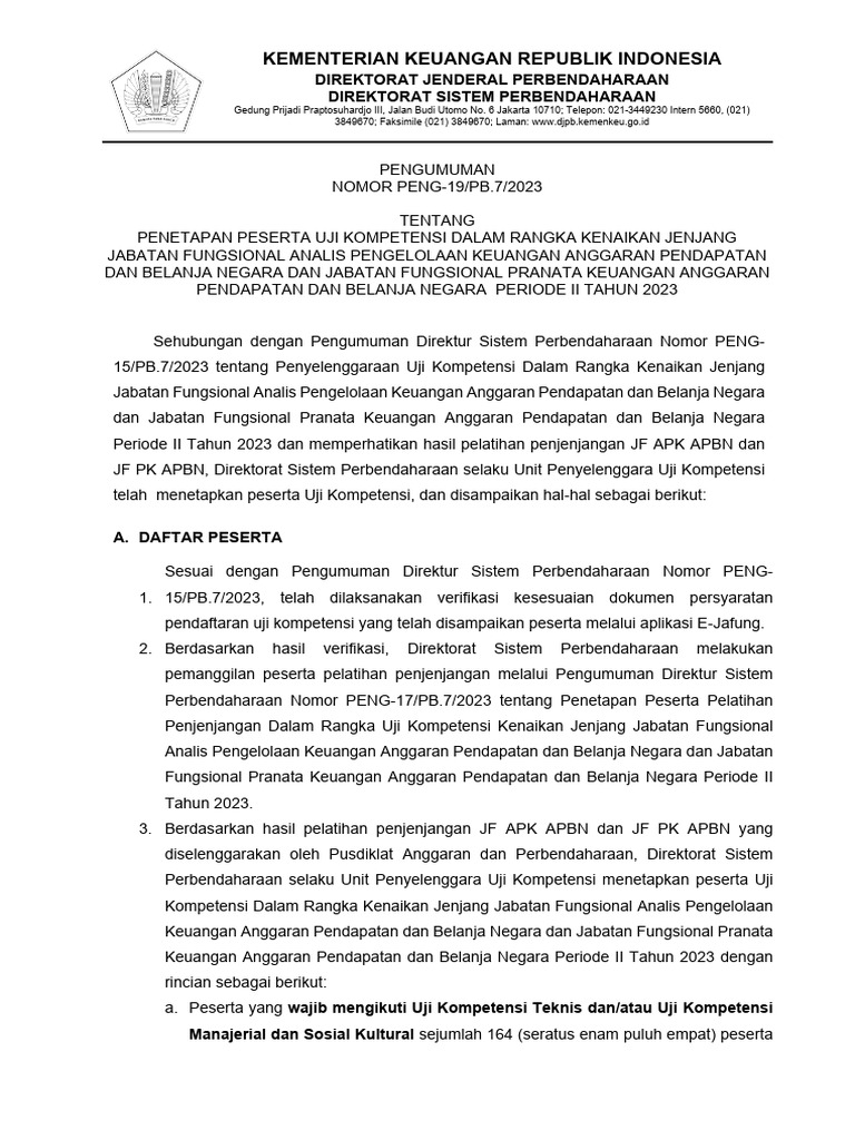 Peng-19-Pb7-2023 - Penetapan Peserta Uji Kompetensi Dalam Rangka Kenaikan Jenjang JF Apk Apbn ...
