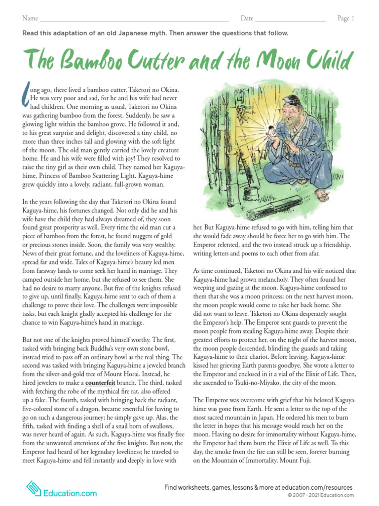 reading-comprehension-the-bamboo-cutter-and-the-moon-child | PDF