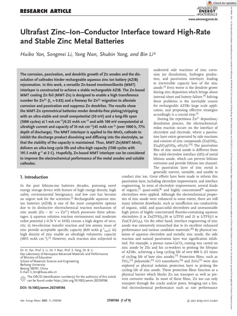 Advanced Energy Materials - 2021 - Yan - Ultrafast Zinc Ion Conductor Interface Toward High‐Rate ...