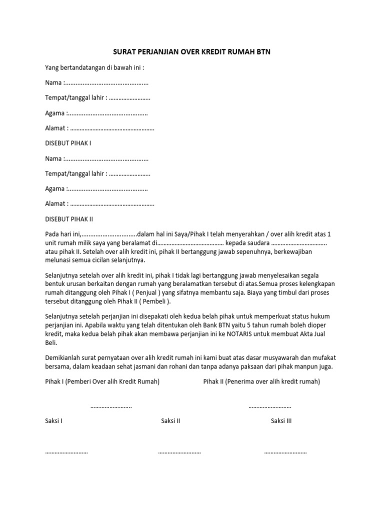 Contoh Surat Over Kredit Rumah BTN | PDF