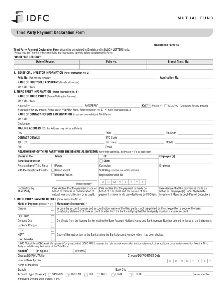3rd Party Payment Declaration Form - Idfc | PDF | Cheque | Banks