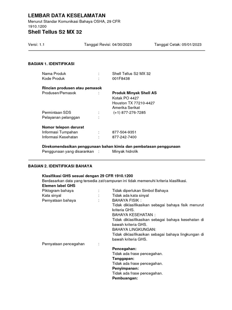 Shell Tellus S2 MX 32 (In) MSDS | PDF