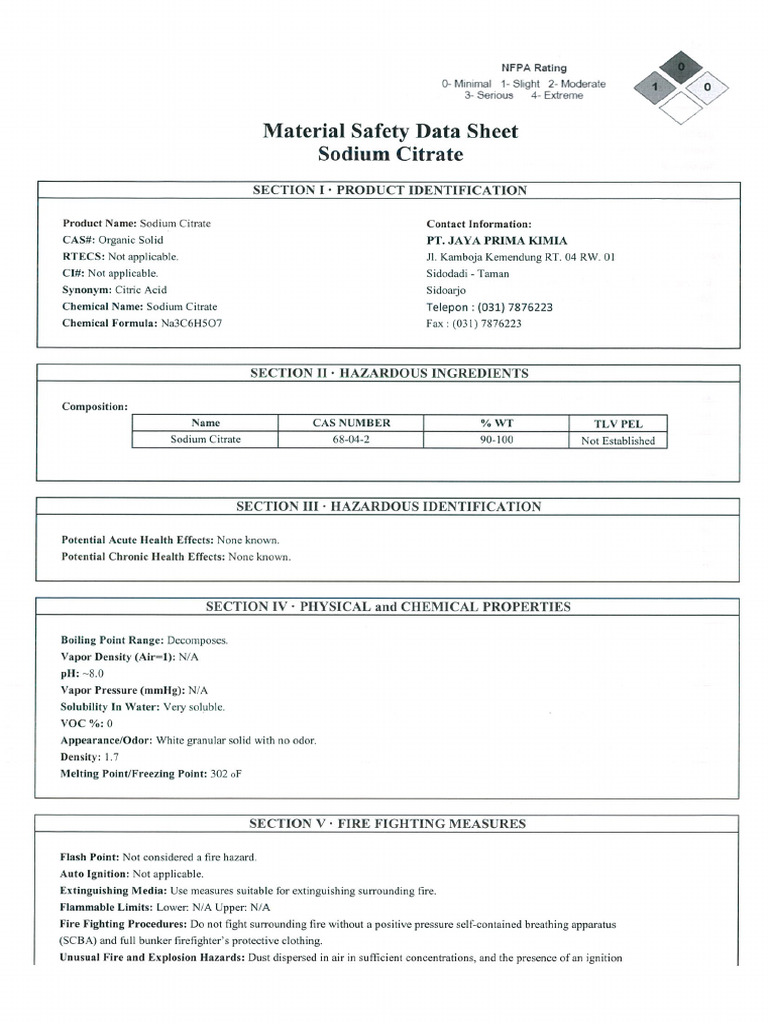 Sodium Citrat MSDS | PDF