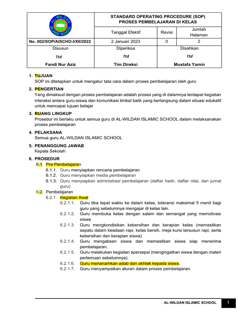 002 Sop Proses Pembelajaran Di Kelas | PDF | Karier & Perkembangan