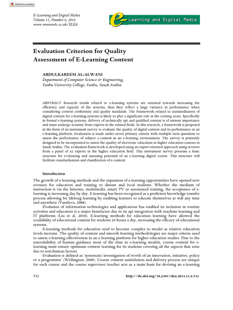Al Alwani 2014 Evaluation Criterion For Quality Assessment of e Learning Content | PDF ...