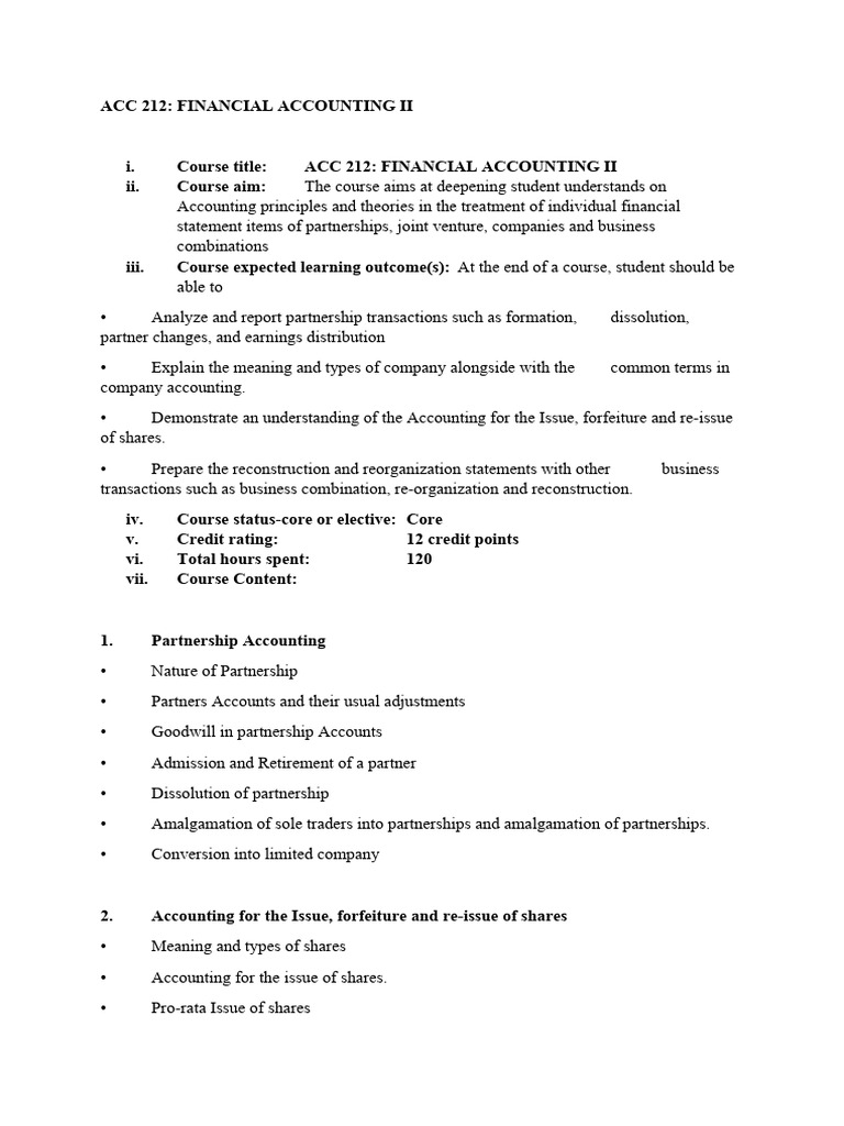 Acc 212 - Course Outline | PDF | Accounting | Consolidation (Business)